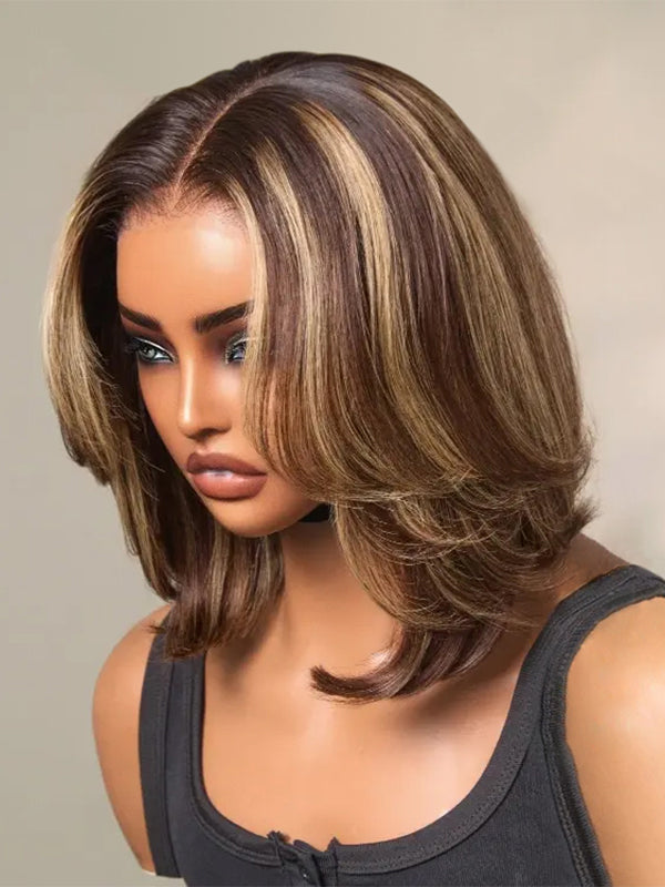 Wavymy Blonde Highlight Short Layered Bob Wig Wear Go Glueless 7x5 Lac