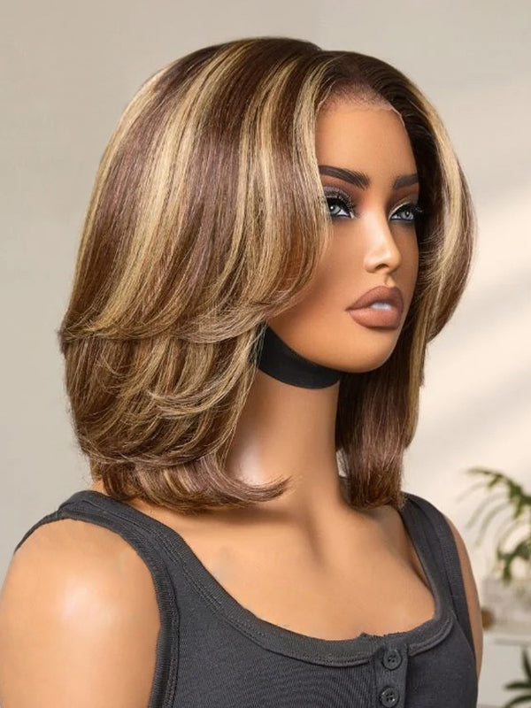 Wavymy Blonde Highlight Short Layered Bob Wig Wear Go Glueless 7x5 Lac