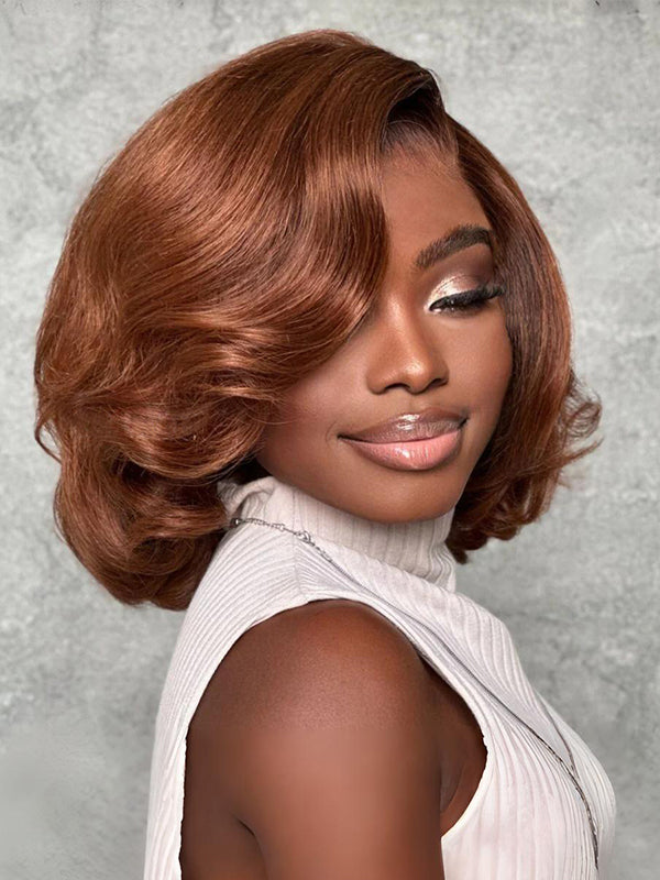 Wavymy Brown Layered Wave Shorb Bob Wigs M-Cap 9x6 Pre-Cut Lace Wear G