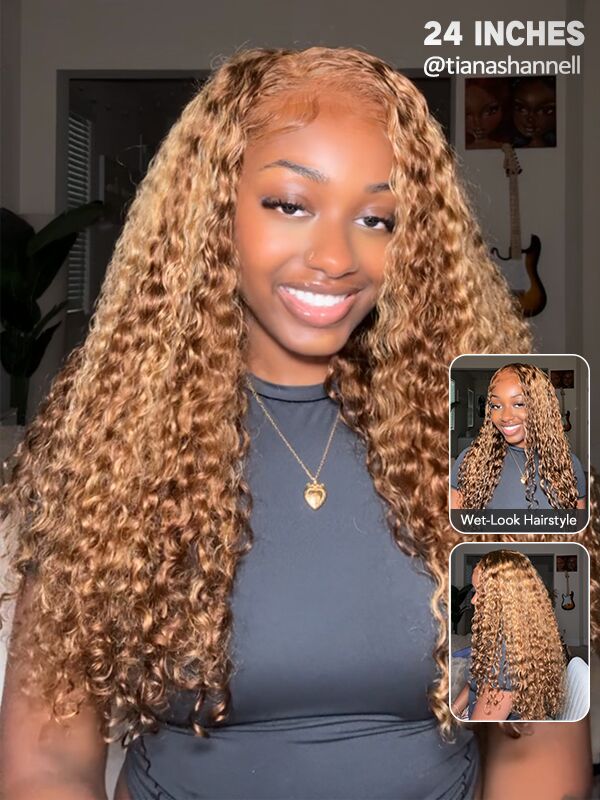 Wavymy Honey Blonde Light Highlight Wear Go Glueless Water Wave Wig 7x