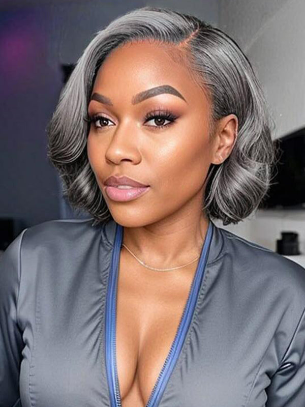 Wavymy Salt & Pepper Layered Bob Wave Wig 7x5 C-Part Lace Wear & Go Gl