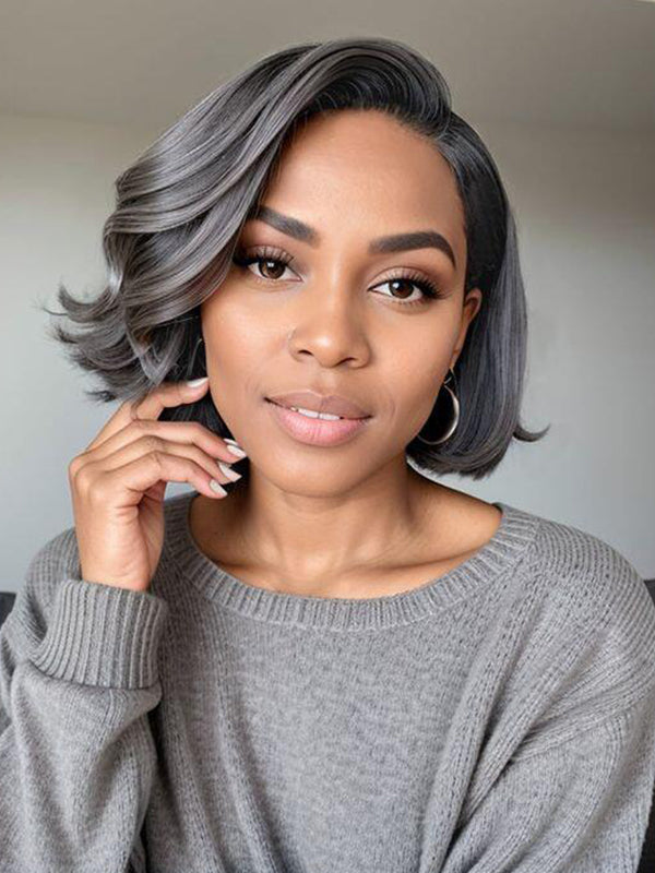 Wavymy Salt & Pepper Layered Bob Wave Wig 7x5 C-Part Lace Wear & Go Gl